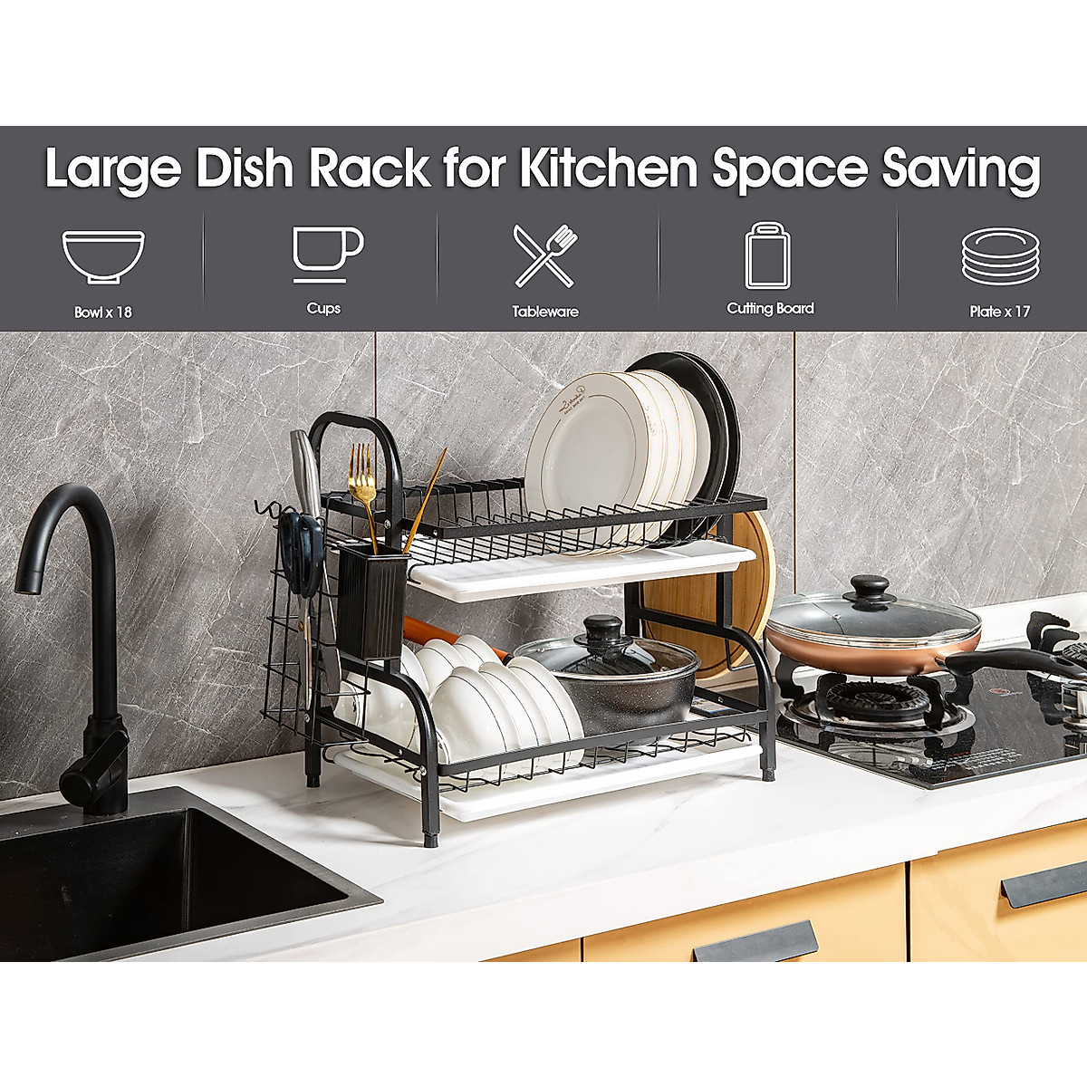 Supercenter Dish Drying Rack,2 Tier Dish Racks for Kitchen Counter with Drainboard,Rust-Resistant Drying Rack with Cutting Board Holder,Black