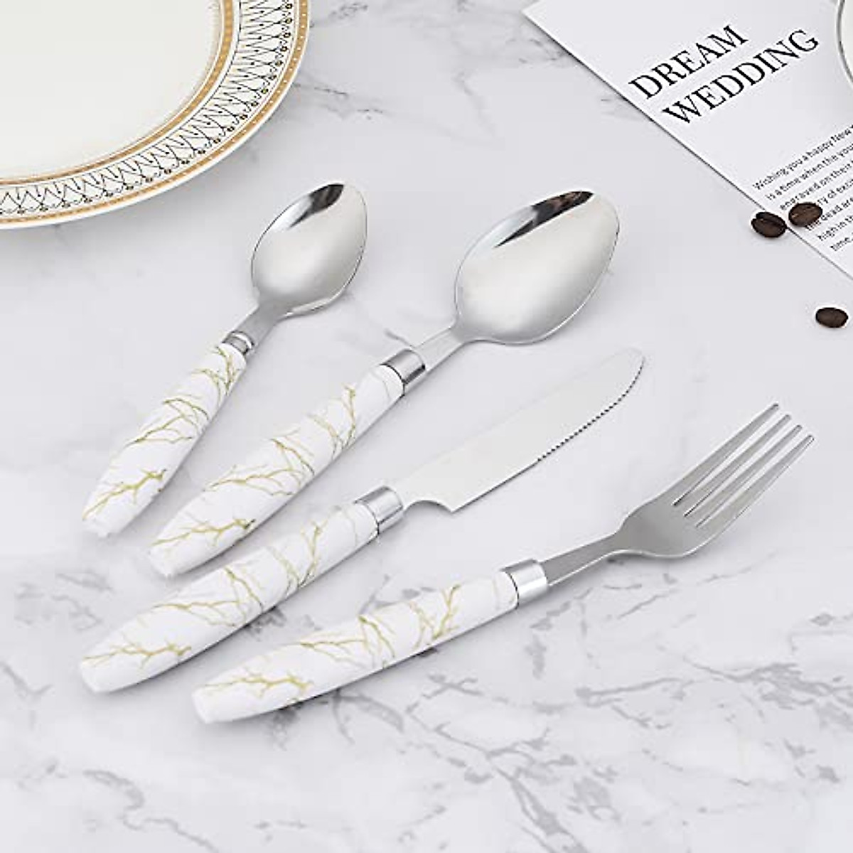 24-Piece Set of Marble pattern Handle Cutlery Set Kitchen Silverware Tableware Main Stainless Steel Knife and Fork Spoon Commercial Steak Coffee Western Tableware (White)