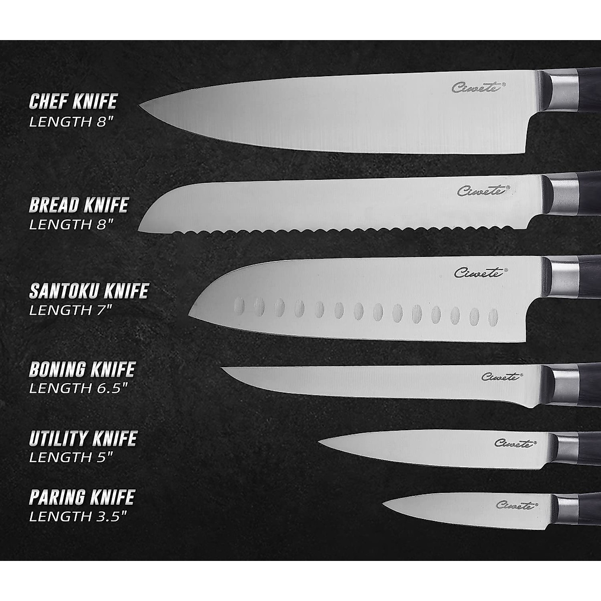 ciwete Chef Knife Set, 6-Piece Kitchen Knife Set with Upgrade 3CR13 Stainless Steel Ultra Sharp Blades, Knives Set with Well Balanced Wood Handle, Chefs Knife Set with Gift Box