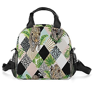 Tropical Palm Leaves and Exotic Leopard Printed Lunch Box Tote Bag with Handles and Shoulder Strap for Men Women Work Picnic