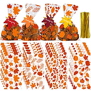 YUJUN 120 PCS Fall Cellophane Treat Bags,Maple Leaves Gift Goodie Candy Autumn Clear Cello Bags with 60 Pieces Maple Leaves Tags for Fall Autumn Thanksgiving Theme Party Favor Supplies(4 Styles)
