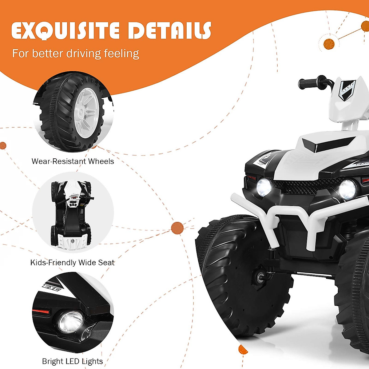 Costzon Kids ATV, 12V Battery Powered Electric Vehicle w/LED Lights, High & Low Speed, Horn, Music, USB, Treaded Tires, Ride on Car 4 Wheeler Quad for Boys & Girls Gift, Ride on ATV (White)