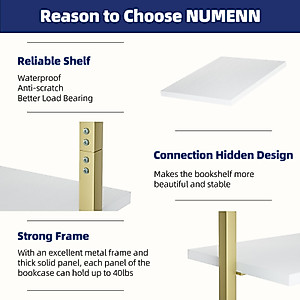 NUMENN Industrial Ladder Shelf, 5 Tier Book Shelf, Open Space Wall Mount Bookshelf with Metal Frame, Sturdy Book Shelves, Bookcase for Living Room, White and Brown Gold