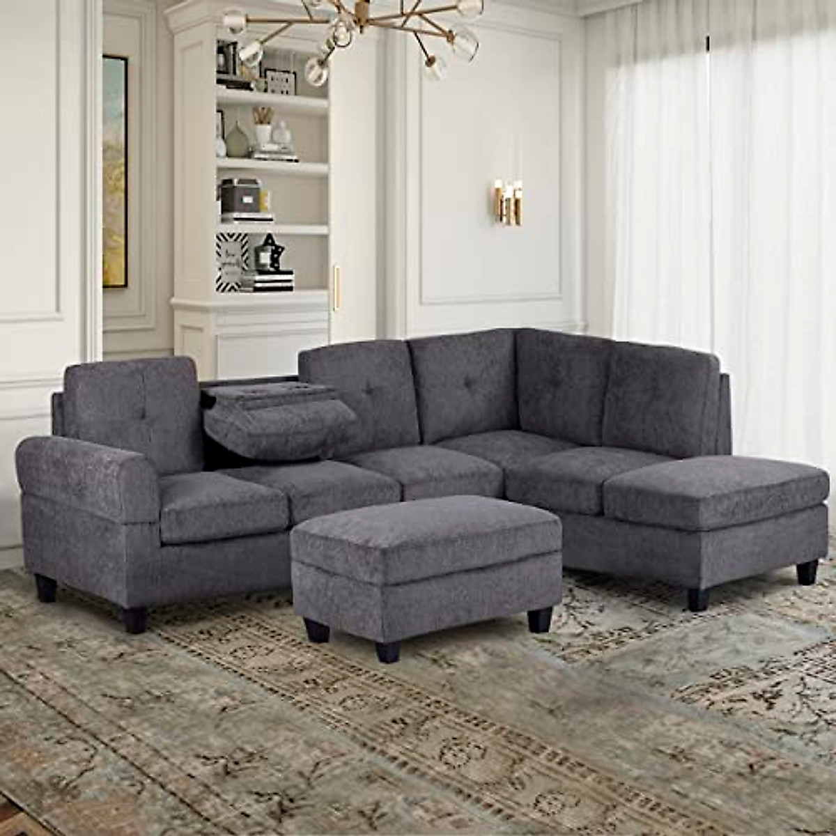 UBGO Furniture Sets,Living Room Sectional Sofa,L Shaped Storage Ottoman, Upholstered Sofá with 2 Cup Holder,Couch Longue for Indoor Home Apartment Office, Grey Left Chaise