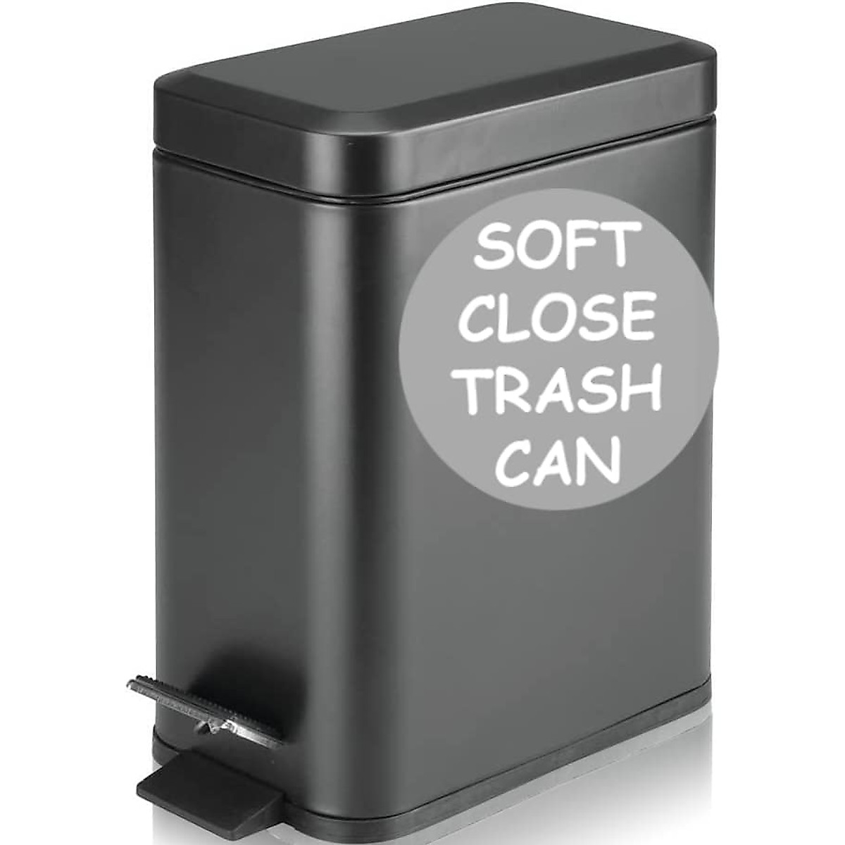 Soft Close, Rectangular Trash Can 5L with Anti - Bag Slip Liner and Lid, Use as Mini Garbage Basket, Slim Dust Bin, or Decor in Bathroom, Restroom, Kitchen, or Bedroom (5L / 1.3 Gallon, Matte Black)