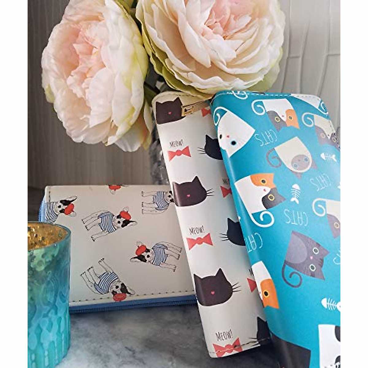 Wallet - Kitty Cat Clutch All-in-One Faux Leather Long Zippered Purse in Fun and Unique Prints (Teal)