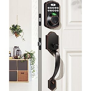 Veise Fingerprint Door Lock Set, Keyless Entry Door Lock, Front Door Handle Sets, Electronic Keypad Deadbolt with Lever Handle, 2 Keys, Auto Lock, Code Door Lock, Easy Installation, Oil Rubbed Bronze