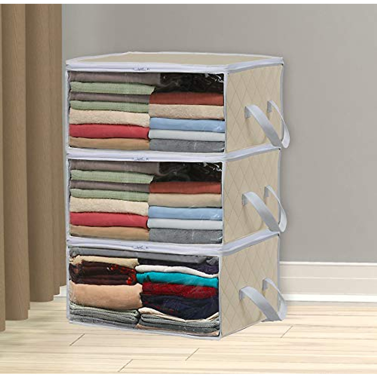 Simple Houseware 3 Pack Foldable Closet Organizer Clothing Storage Box with Clear Window, Beige