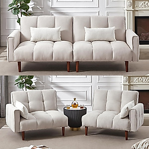 Modern Corduroy Futon Sofa Bed, Convertible Folding Sleeper Sofa, Adjustable Backrest Memory Foam Couch Double Loveseat,Split Leisure Chair & Double Lounge Chair,Accent Chair (Light Ivory)