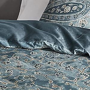 Madison Park Belcourt Sateen Cotton Comforter Set, Breathable, Soft Cover, Trendy, All Season Down Alternative Cozy Bedding with Matching Shams, King/ Cal King, Blue 3 Piece