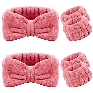 6 Pieces Spa Headband Wrist Washband Scrunchies Cuffs for Washing Face, Towel Wristbands Hair Headband Face Wash Wristband for Women Girls Makeup Prevent Liquids from Spilling Down Your Arms (Pink)