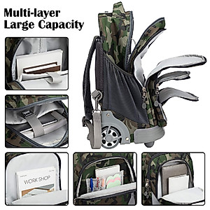 WEISHENGDA 18 inches Wheeled Rolling Backpack for Adults and School Students Short Trip Books Laptop Trolley Bags, Green Camo