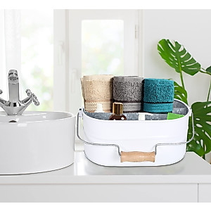 Goroly Home Galvanized Utensil Caddy with Wooden Handle for Kitchen Counter, Silverware Organizer for Flatware, Condiments, Party Supplies - White