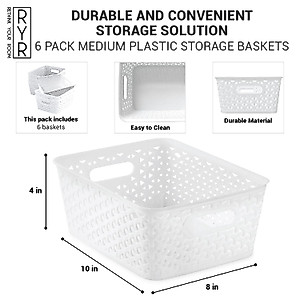 Rethink Your Room Set of 3 Large Plastic Open Storage Basket, 14 x 12 x 5 Inches, Durable Pantry and Kitchen Organization Bins for Organization, Desktops Countertops Bathroom Home, Bright White