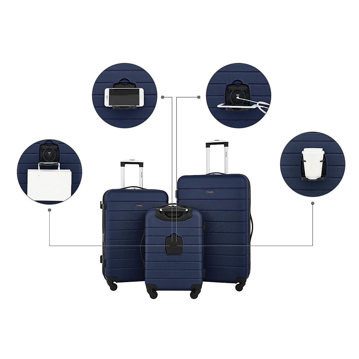 Wrangler Smart Luggage Cup Holder and USB Port, Navy Blue, 3 Piece Set