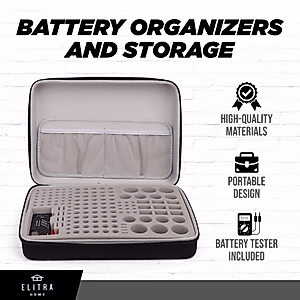 ELITRA HOME Battery Storage Organizer Carrying Case Bag, Holds 150 Batteries AA AAA C D 9V Button, Includes LCD Battery Tester Black