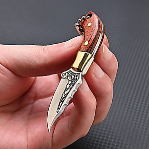 SZHOWORLD Ultra Small Fixed Blade Knife, 1.57 inch 5Cr Stainless Steel Blade with Brass+Colored Wood Handle, Mini Knife/Box Cutter with Leather Sheath for EDC Gift Collection Cutting
