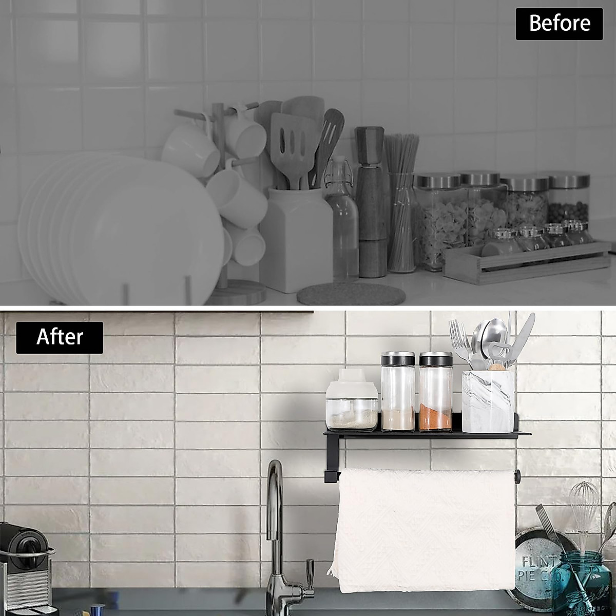 Sumnacon 13 Inch Aluminum Paper Towel Holder with Shelf - Wall Mounted Tissue Holder with Screws, Decorative Hand Towel Bar with Storage Organizer Shelf for Office, Bedroom, Bathroom, Kitchen,Black