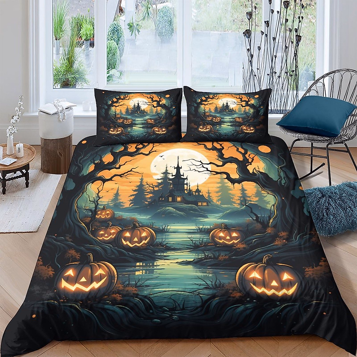 EVMILA Halloween Comforter Covers Duvet Cover Quilt Cover 3D Print Pumpkin for Teens and Adults with Pillow Cases with Zipper Closure Soft Microfiber Bedding Set 3 Pieces Queen（228x228cm）