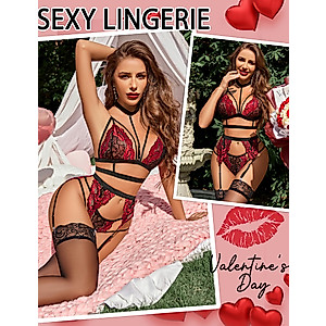 Avidlove Lace Garter Lingerie Set with Removable Choker Teddy Babydoll Strappy Bra and Panty Set (No Stockings) Black&red Large