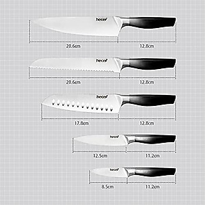 hecef Gradient Black Kitchen Knife Set of 5, Chef Knife Set with Satin Finished Blade & Hollow Handle & Protective Sheaths, Includes Chef, Santoku, Bread, Utility & Paring Knife