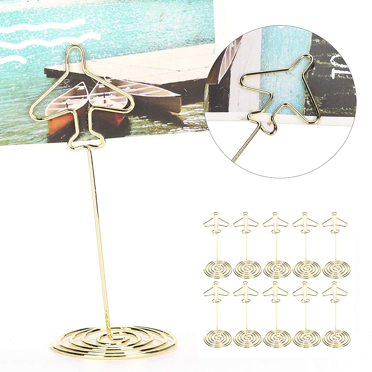 10Pcs Metal Table Number Holders, Airplane Shaped Place Card Holders for Wedding Party Tabletop, Picture Holders Stand for Photo Name Cards Menu Memo