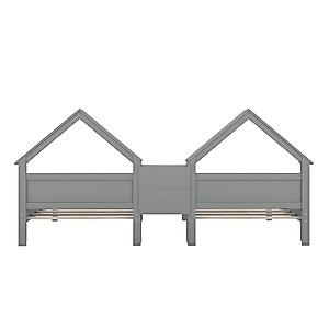 SOFTSEA Double Twin Bed Frame for Kids, Twin and Twin Bed Frame with House-Shaped Headboard and Built-in Nightstand, 2 Beds in 1 for Juniors Kids