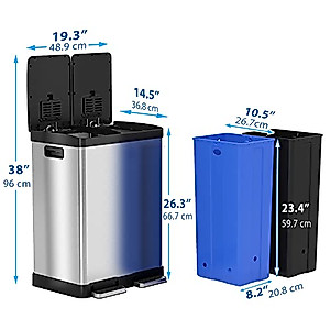 iTouchless 16 Gallon Dual Step Trash Can & Recycle, Stainless Steel Lid and Bin Body with Handle, Includes 2 x 8 Gallon (60L) Removable Buckets are Color-Coded, Soft-close and Airtight Lid, Silver