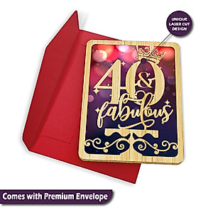 40th Birthday Cards For Women - | Made From Real Bamboo | 6" X 4.5" - 1 Pack (Envelope Included) | Laser Cut, Party Themed 40th Birthday Card For Wife, Mom, Aunt, Sister, Friend, Her etc.