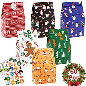 Whaline 60 Pack Christmas Goody Bags Holiday Design Gift Treat Bags with 60pcs Xmas Gift Tag Stickers for Classrooms, Party Favors and Birthdays