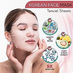 NATURAL Korean Sheet Mask (10 pcs set) made with Premium Tencel, Hydrating Face Masks, Face Sheet Mask, Korean Face Mask Skin Care For Women, Teen, Girls, Mens, Beauty Mask, Spa face Masks for a Youthful K-Beauty Glow