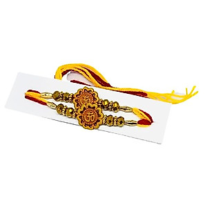 TheNext7 Set of 2 OM Rakhi for Brother Bhaiya Bhabhi Traditional, Flower Om Pendant with Golden Beads and Rings Rakhi Thread