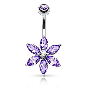 Marquise Cut CZ Flower Petal Surgical Steel Navel Belly Button Ring 14g 3/8" - Purple