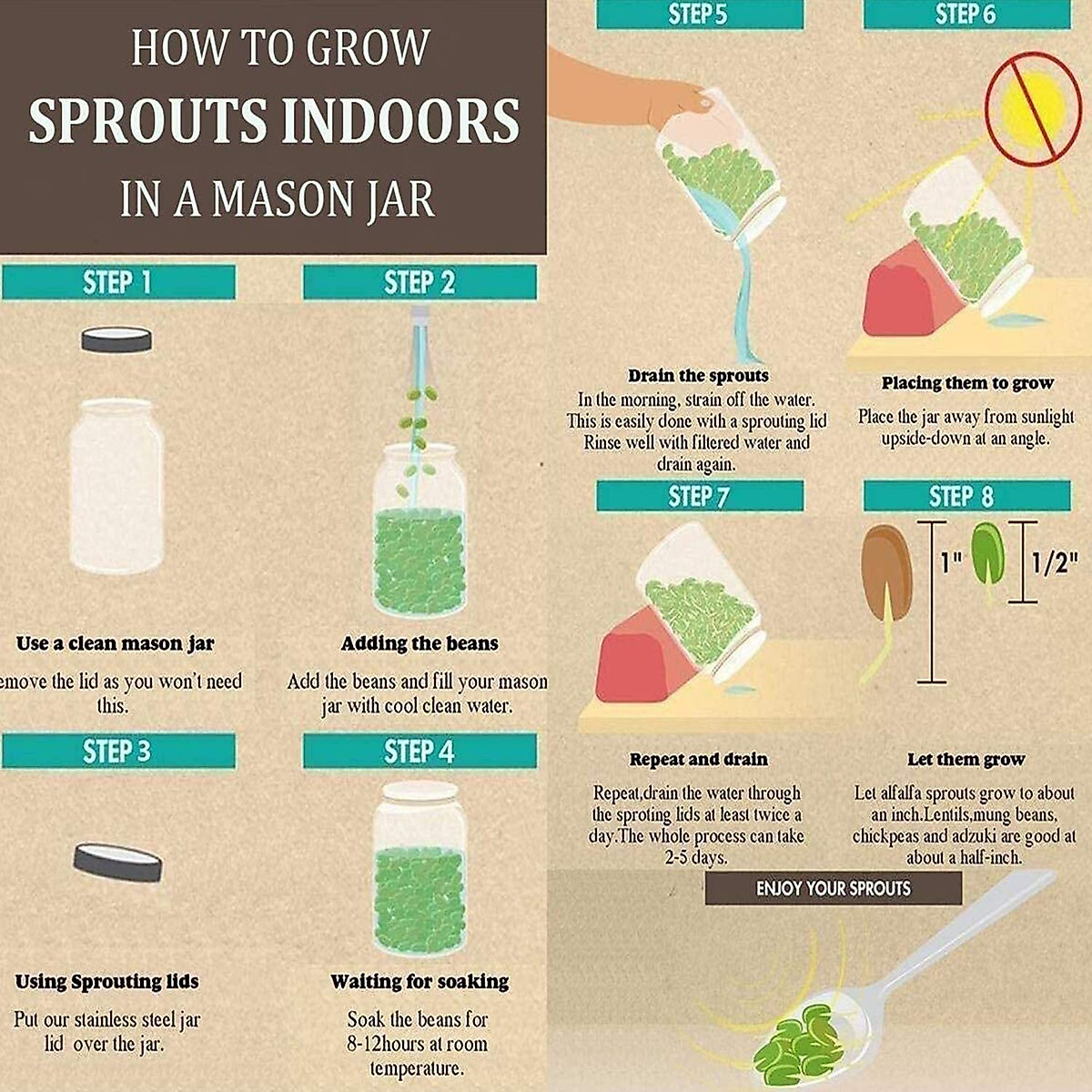 304 Stainless Steel Sprouting Lids for Wide Mouth Mason Jars and Making Organic Sprout Seeds 6 Pcs