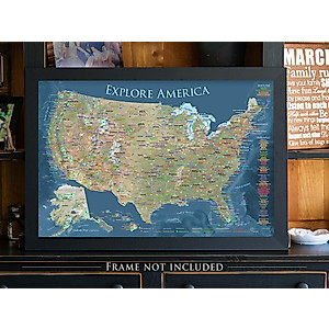 National Parks Poster Map with terrain and USA Interstates, All NPS Sites, Landmarks, Highest Peak by State Poster - 24x18 inch Map - Explore America - Voyager Edition