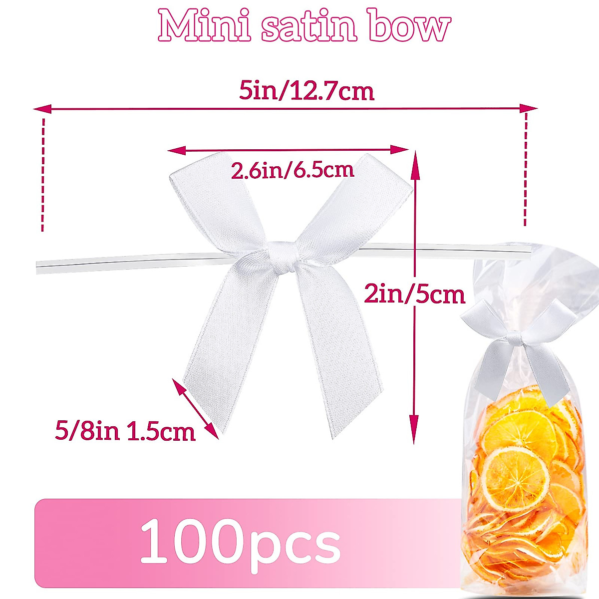 Gejoy 100 Pieces Mini Satin Ribbon Twist Tie Bows DIY Twist Bow Crafts Tying Up for Halloween Christmas Wedding Gift Wrapping Candy Treat Bags Decoration (White)