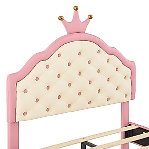 SOFTSEA Twin Upholstered Bed with Crown Headboard, Girls Princess Bed with Button Tufted Headboard, PU Leather Princess Platform Bed for Kids Girls, Easy Assembly, Pink + Whitea