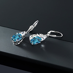Gem Stone King 925 Sterling Silver London Blue Topaz and White Zirconia Dangle Earrings For Women (5.60 Cttw, Gemstone November Birthstone, Oval 10X8MM, Trillion 5MM)