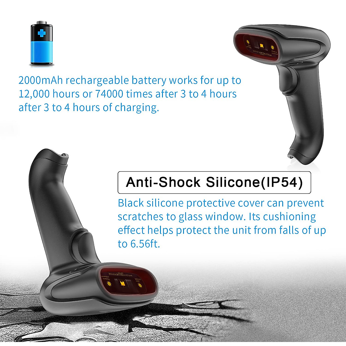 Alacrity Wireless Portable 1D&2D Barcode Scanner with Stand QR Bluetooth Barcode Scanner Gun 3-in-1 Vibration, Cordless, Rechargeable Scan Gun for Inventory Management
