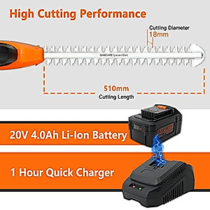 GARCARE Cordless Pole Hedge Trimmer, 2 in 1 Electric Telescopic Hedge Trimmers Long Reach with 20V 4.0Ah Battery and Quick Charger (20inch Cutting Blade Length, 3/4inch Cutting Capacity, 1200rpm)