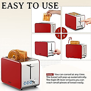 YIOU Toaster 2 Slice with Stainless Steel,1.5 Inch Extra Wide Slots，6 Browning Settings, Bagel Toaster with Reheat Defrost Cancel Function Removable Crumb Tray Easy Cleaning T2S-Metal Red