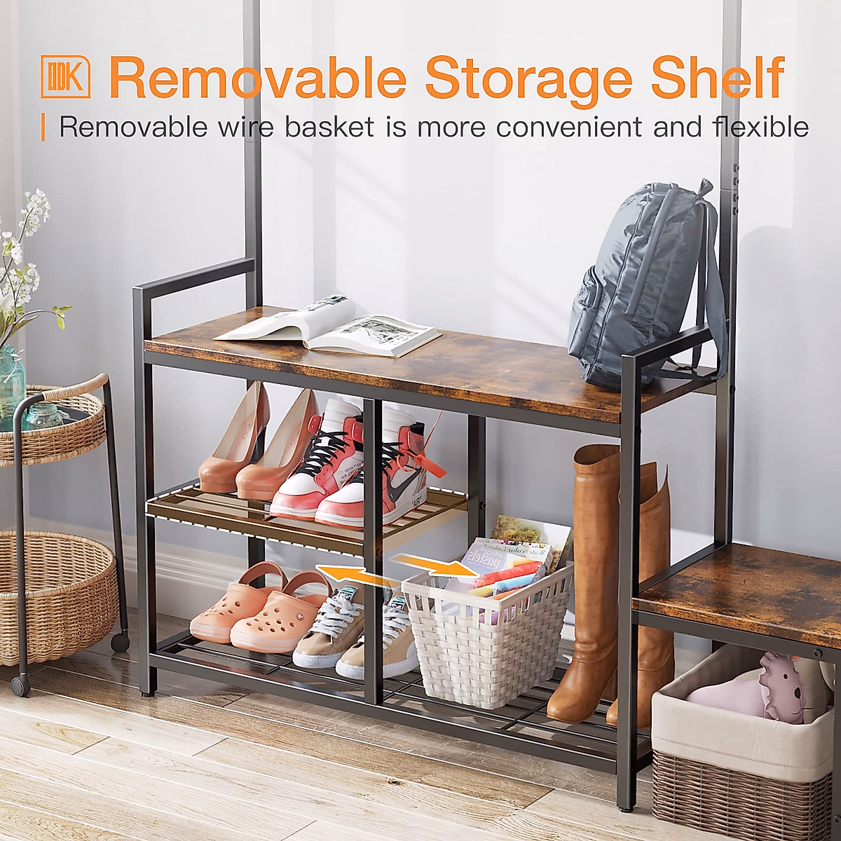 ODK Parent-Child Hall Tree with Bench and Shoe Storage, Entryway Rack with Metal Frame and Hooks, for Entrance, Foyer, Mudroom (Rustic Brown)
