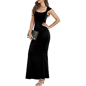 Black Dresses for Womens 2025 Summer Sexy Bodycon Maxi Cap Sleeve Tight Lounge Fitted Evening Party Wedding Guest Long Formal Dress S