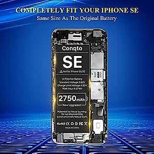 [2750mAh] Battery for iPhone SE 2016 1st Gen, Conqto New 0 Cycle High Capacity Battery Replacement for iPhone SE Models A1662, A1723, A1724 with Complete Professional Repair Tools Kit