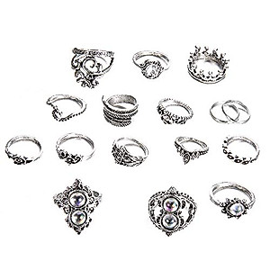 SEniutarm Engagement Love Rings Wedding Bands 16Pcs/Set Retro Boho Hamsa Hand Crown Finger Midi Knuckle Stacking Rings Jewelry for Women/Girl Finger Rings DIY Jewelry Gifts - Antique Silver