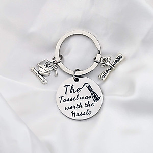 FUSTMW Graduation Gift Keychain The Tassel Was Worth the Hassle Graduation Jewelry College Graduation Gift with Grad Cap Charm (silver)