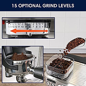 Espresso Machine with Grinder and Milk Frother, 20 Bar Semi Automatic Espresso Coffee Machine Latte and Cappuccino Coffee Maker All in One Espresso Machine For Home Barista, Brushed Stainless Steel