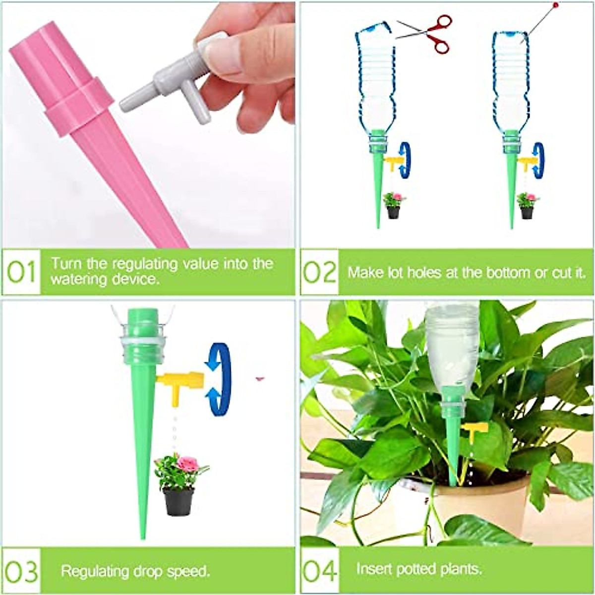 Self Watering Spikes, 24 Pcs Plant Watering Devices, Adjustable Self Watering Planter Insert with Slow Release Control Valve Switch for Garden Plants Indoor & Outdoor(3 Colors)