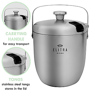 ELITRA Home Stainless Steel Ice Bucket & Wine Chiller with Tongs & Lid - Double Wall Insulated, 3 Liter - Silver