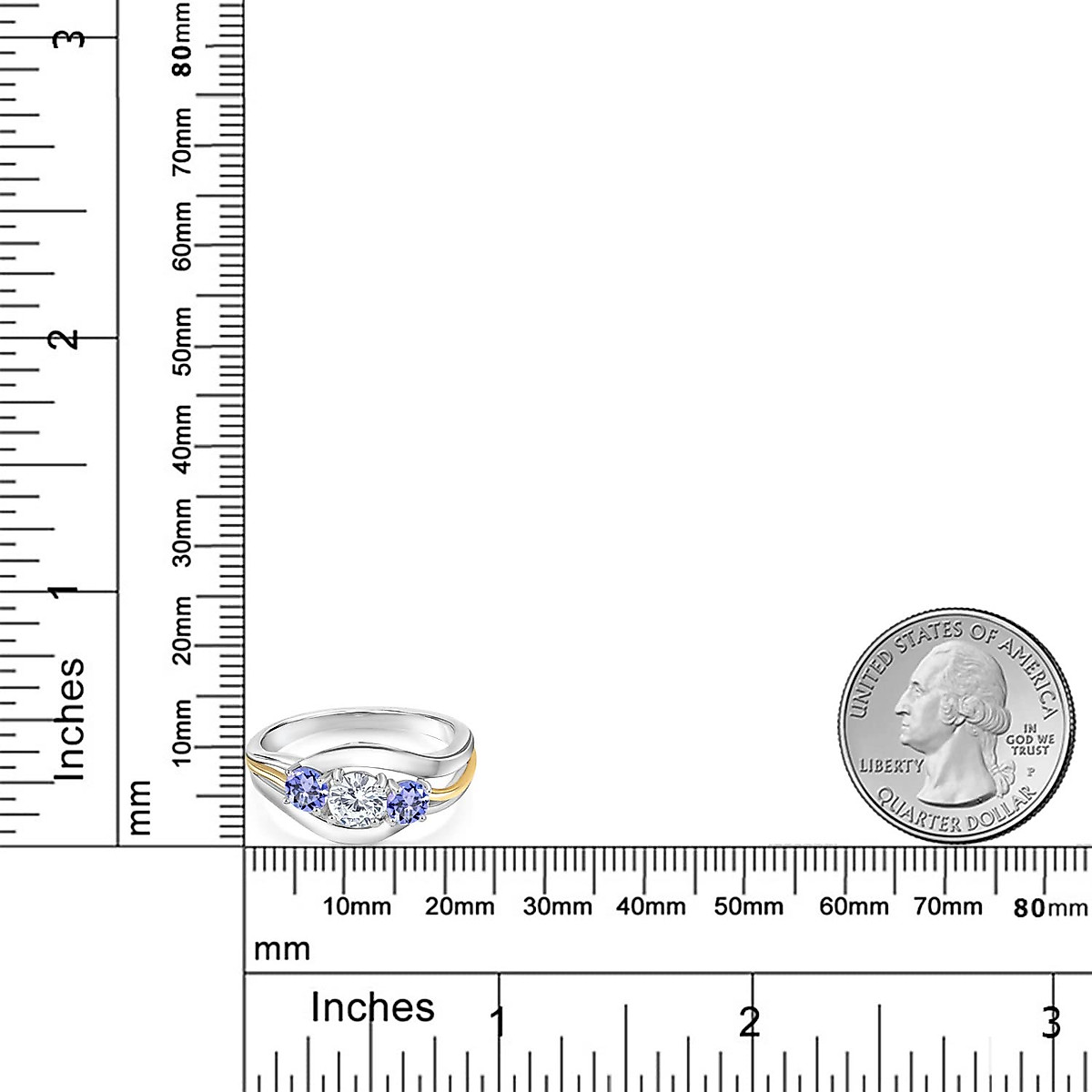 Gem Stone King 925 Sterling Silver and 10K Yellow Gold Round White Moissanite and Blue Tanzanite 3 Stone Ring For Women (1.10 Cttw, Available In Size 5, 6, 7, 8, 9)